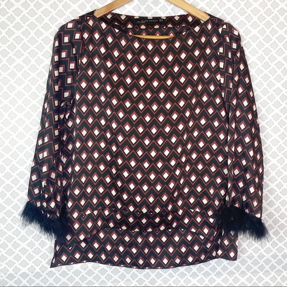 Zara | Tops | Euc Zara Diamond Print Faux Fur Cuff Satin Blouse | Poshmark